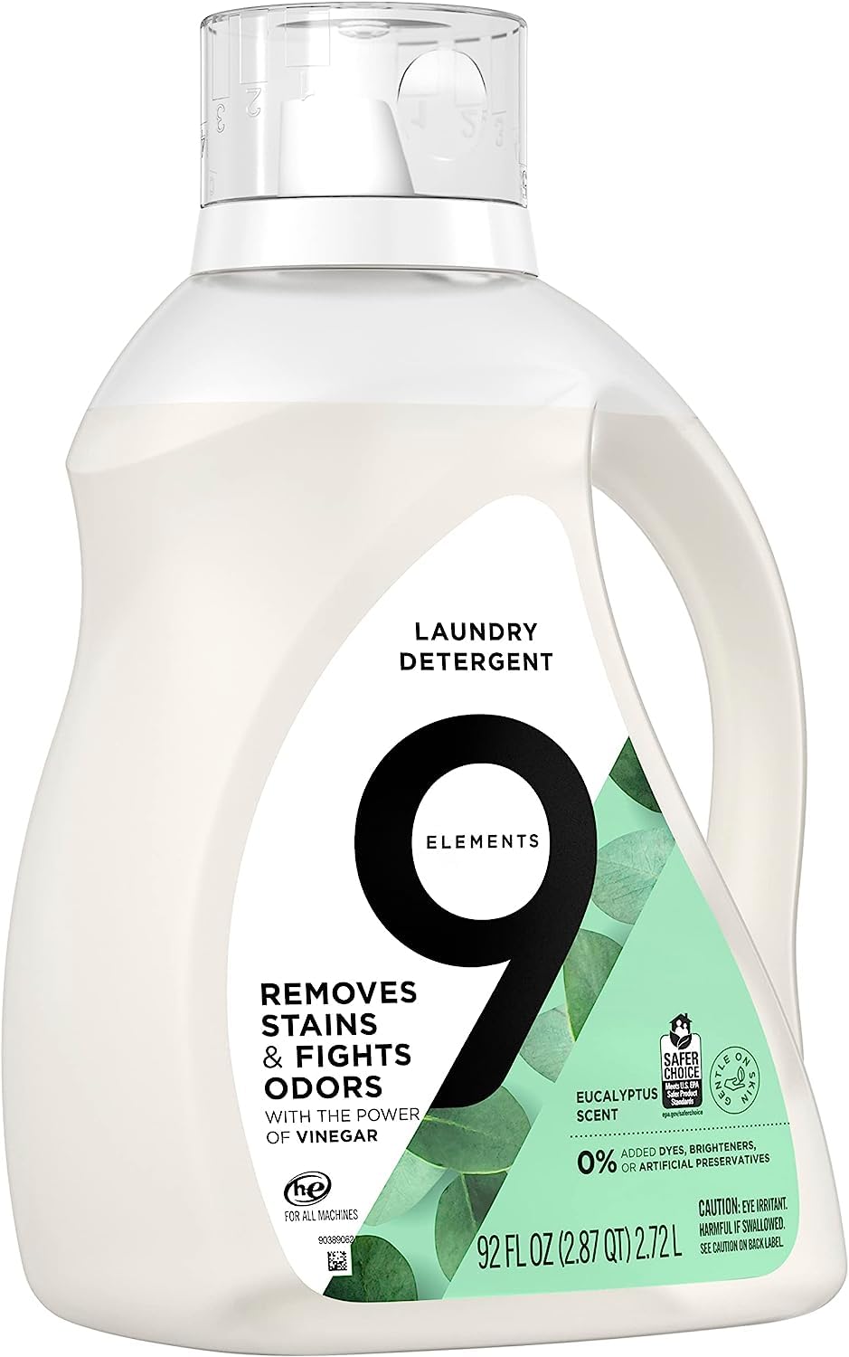 9 Elements Natural Laundry Detergent Liquid Soap, Eucalyptus Scent, Vinegar Powered, 92 Fl Oz, 1 Count