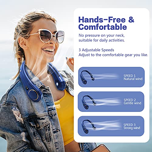 AURTEC Portable Neck Fan, Hands Free Bladeless Neck Fan, Personal Summer Cooling Neck Fan, 3 Speeds 4000mAh Rechargeable Neck Fan with LED Display - Blue
