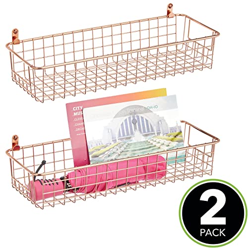 mDesign Wallmount Metal Storage Basket Tray with Handles - Decorative Organizer for Hanging in Entryway, Mudroom, Bedroom, Bathroom, Laundry Room - Small - Hooks Included - 2 Pack - Rose Gold
