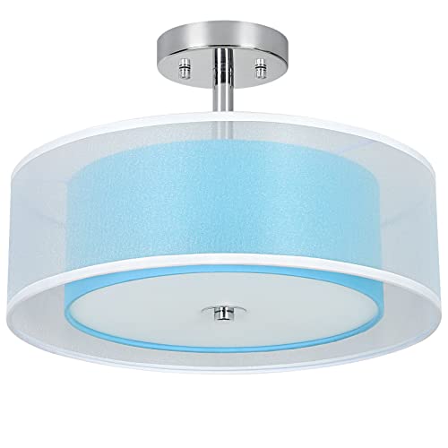 DLLT 3-Light Semi Flush Mount Ceiling Light Fixture, 15'' Blue Drum Light Ceiling Hanging with Double Fabric Shade, Modern Close to Ceiling Lamp for Living Room Bedroom Kitchen Dining Room Entry Foyer
