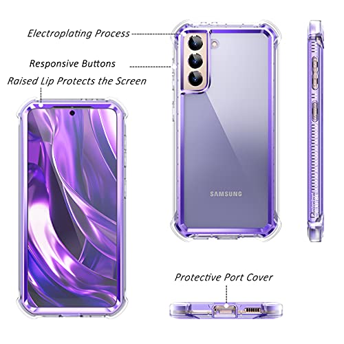 Dexnor Compatible with Samsung Galaxy S21 Plus Case with Screen Protector Electroplated Frame Clear Back Cover Rugged 360 Full Body Protective Shockproof Heavy Duty Bumper for Women -Metallic Purple