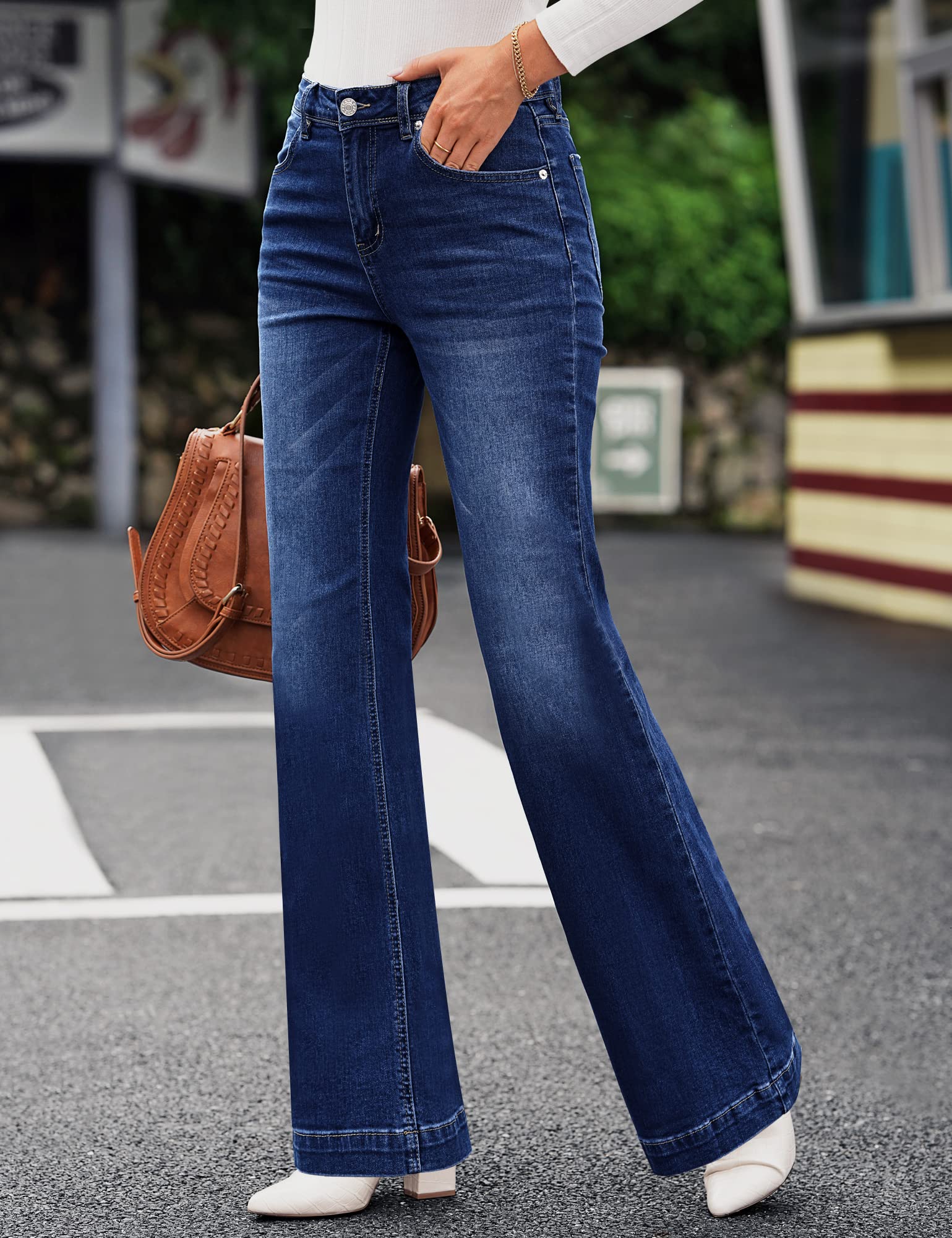 GRAPENT Womens Plus Size Stretch High Waisted Flare Ripped Jeans, 70s Outfits, Jeans Size 12, Wide Leg Pants Color Deep Blue, Size 14.