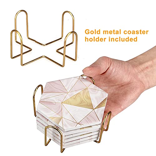 6 Pcs Pink Marble Coasters with Holder Gold Absorbent Drink Coasters Hexagon Cute Ceramic Table Coaster Set Decorative Bar Coasters Modern Coffee Cup Coasters