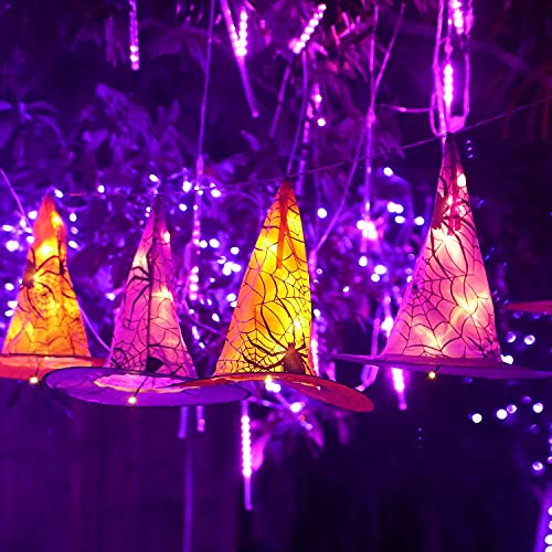 Dazzle Bright 8 Pcs Hanging Witch Hat String Lights, Light Up Waterproof Halloween Decorations with Remote Control for Outdoor Garden Party Carnival Supplies Decor