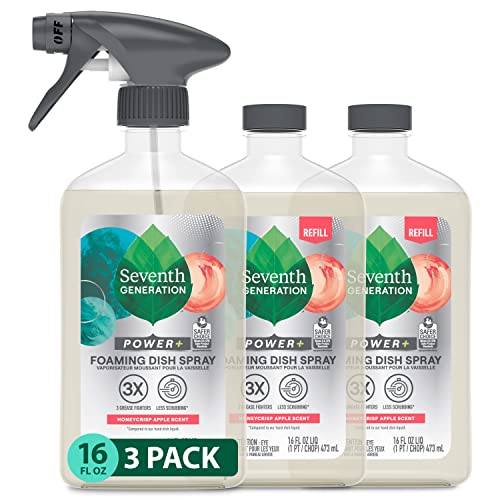 Seventh Generation Foaming Dish Spray, Honey Crisp Apple 16 Fl Oz (Pack of 3), Refill Pack of 3 with 1 Sprayhead