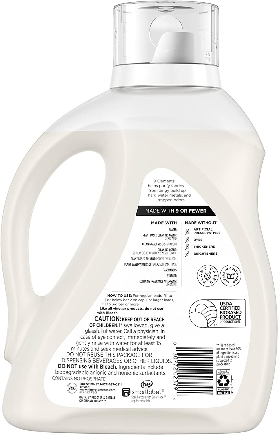 9 Elements Natural Laundry Detergent Liquid Soap, Eucalyptus Scent, Vinegar Powered, 92 Fl Oz, 1 Count