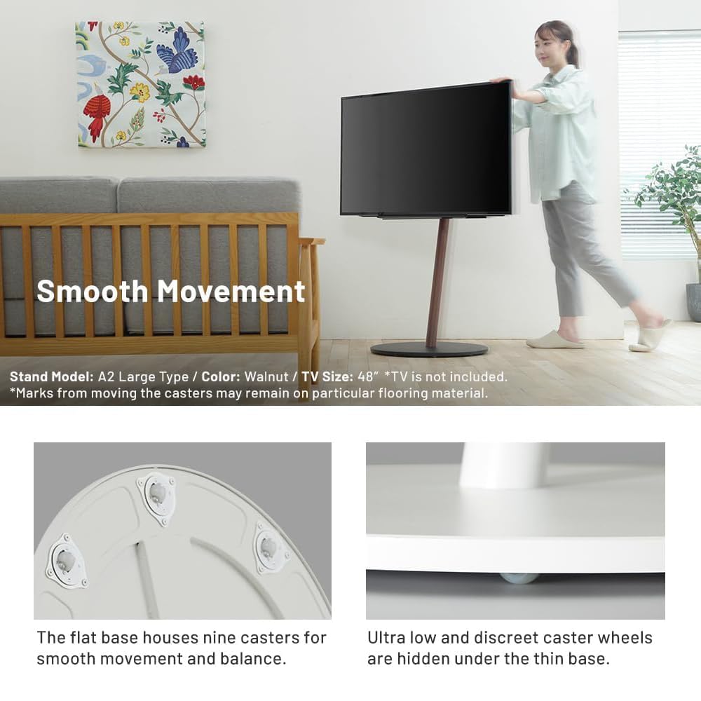 WALL A2 Large Type | Japanese Rolling Portable Free-Standing 45-80 Inch Universal Big Screen TV Stand with Concealed Caster Wheels | Satin White