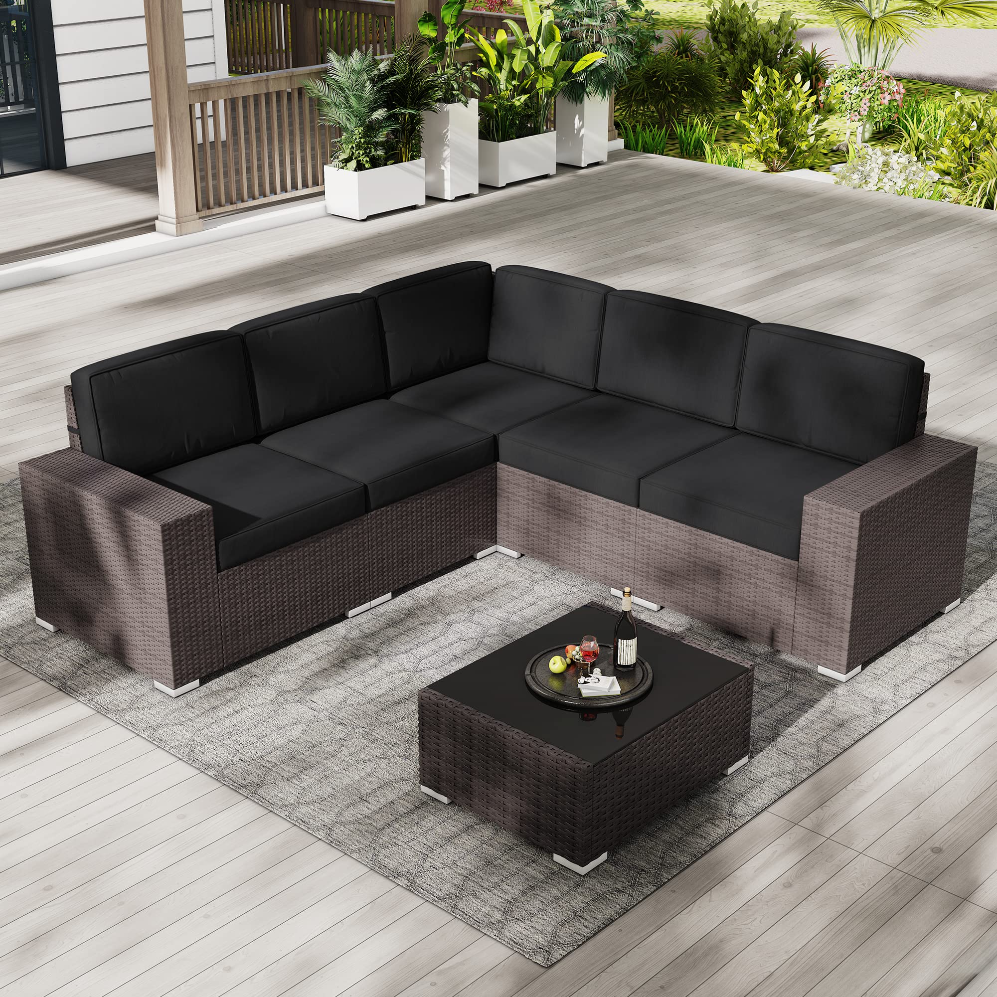 LayinSun Outdoor Patio Furniture Set 6 Pieces Sectional Conversation Sofa Set Brown Rattan Sofa Set with Coffee Table