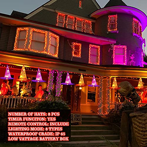 Dazzle Bright 8 Pcs Hanging Witch Hat String Lights, Light Up Waterproof Halloween Decorations with Remote Control for Outdoor Garden Party Carnival Supplies Decor