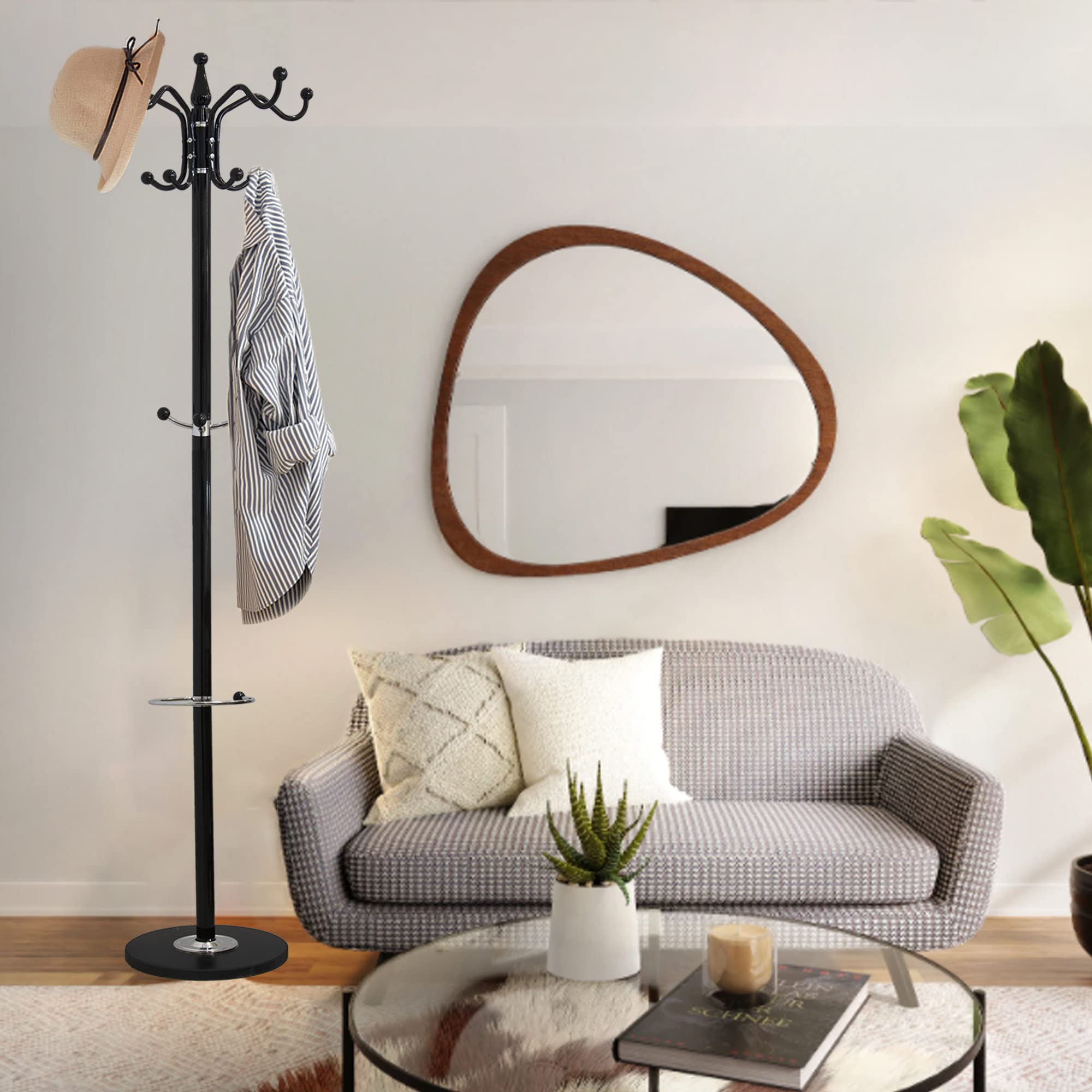 Sifenma Vertical Metal Coat Rack Stand with Marble Base, Clothes Tree, 15 Hooks for Hanging Coats, Jackets, Bags, Home Entrance Hat Hanger Organizer, Umbrella Tree, Freestanding Hall Tree(Black)