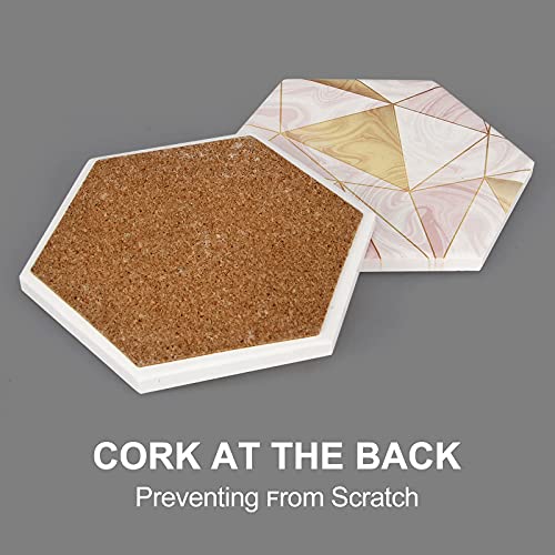 6 Pcs Pink Marble Coasters with Holder Gold Absorbent Drink Coasters Hexagon Cute Ceramic Table Coaster Set Decorative Bar Coasters Modern Coffee Cup Coasters