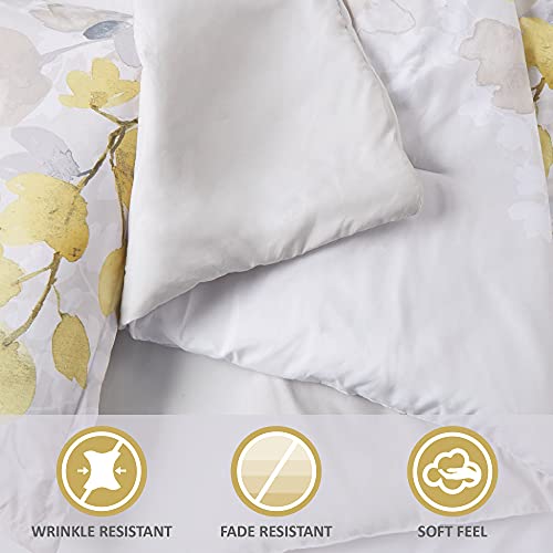 Comfort Spaces Bed in A Bag - Trendy Casual Design Cozy Comforter with Complete Sheet Set with Side Pocket, All Season Cover, Matching Shams, Queen, Nina, Leaf Yellow/Grey 9 Piece