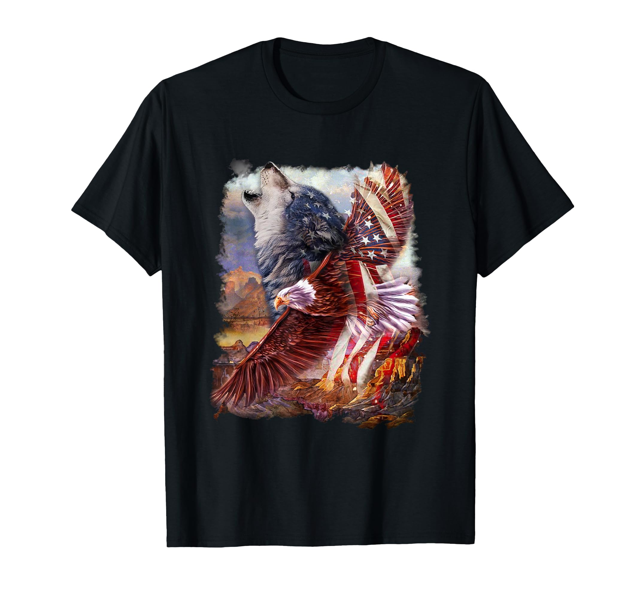 Wolf with Bald Eagle American Flag T-Shirt