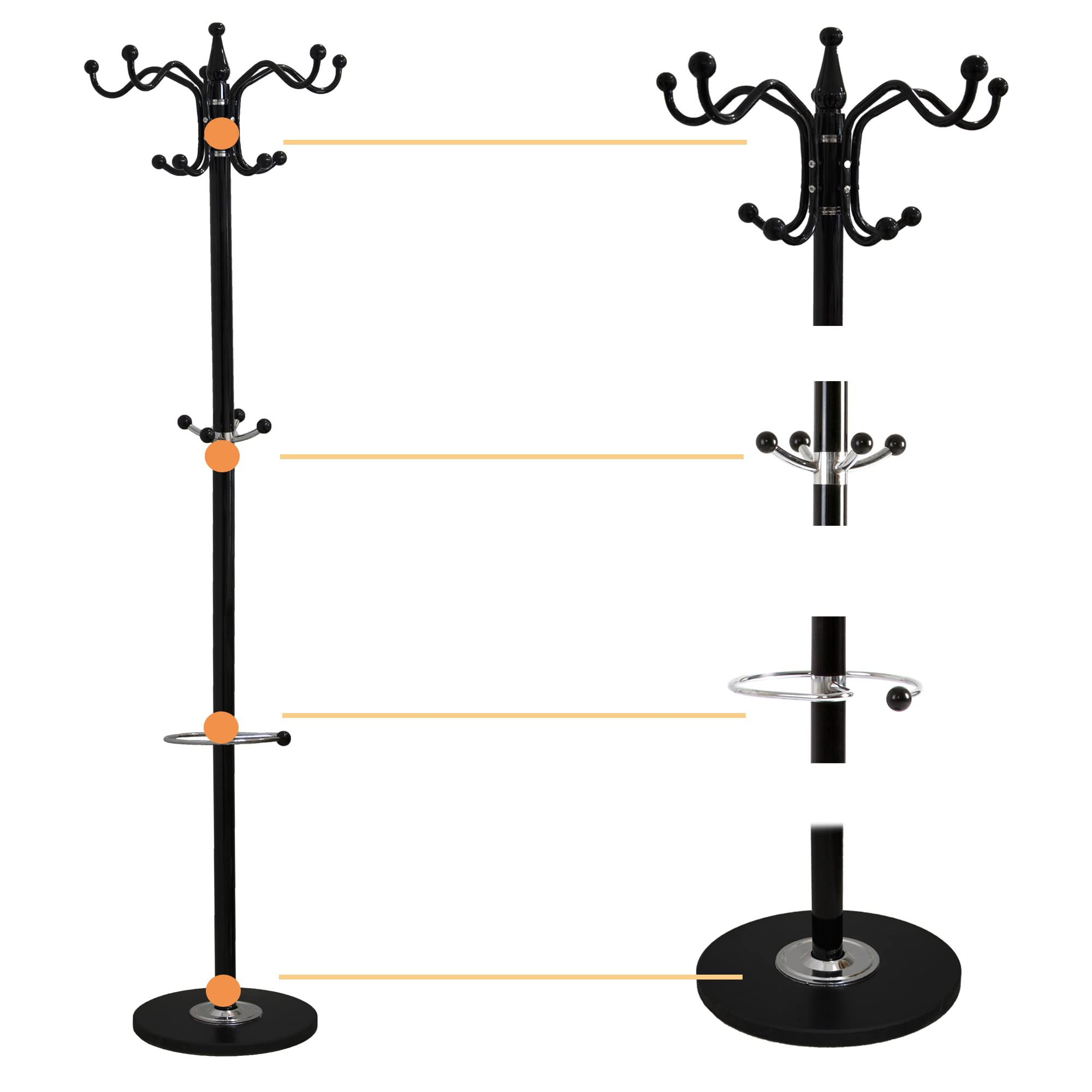 Sifenma Vertical Metal Coat Rack Stand with Marble Base, Clothes Tree, 15 Hooks for Hanging Coats, Jackets, Bags, Home Entrance Hat Hanger Organizer, Umbrella Tree, Freestanding Hall Tree(Black)