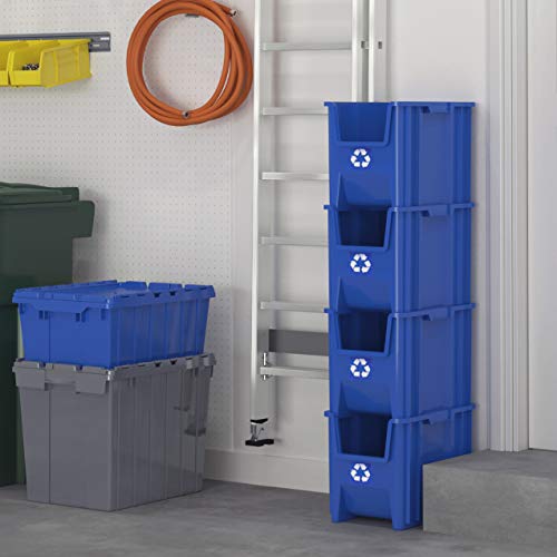 READYSPACE Commercial Industrial Heavy Duty Stackable Open-Front Recycling Bin Box Containers, 7 Gallon, 4 Pack, Blue