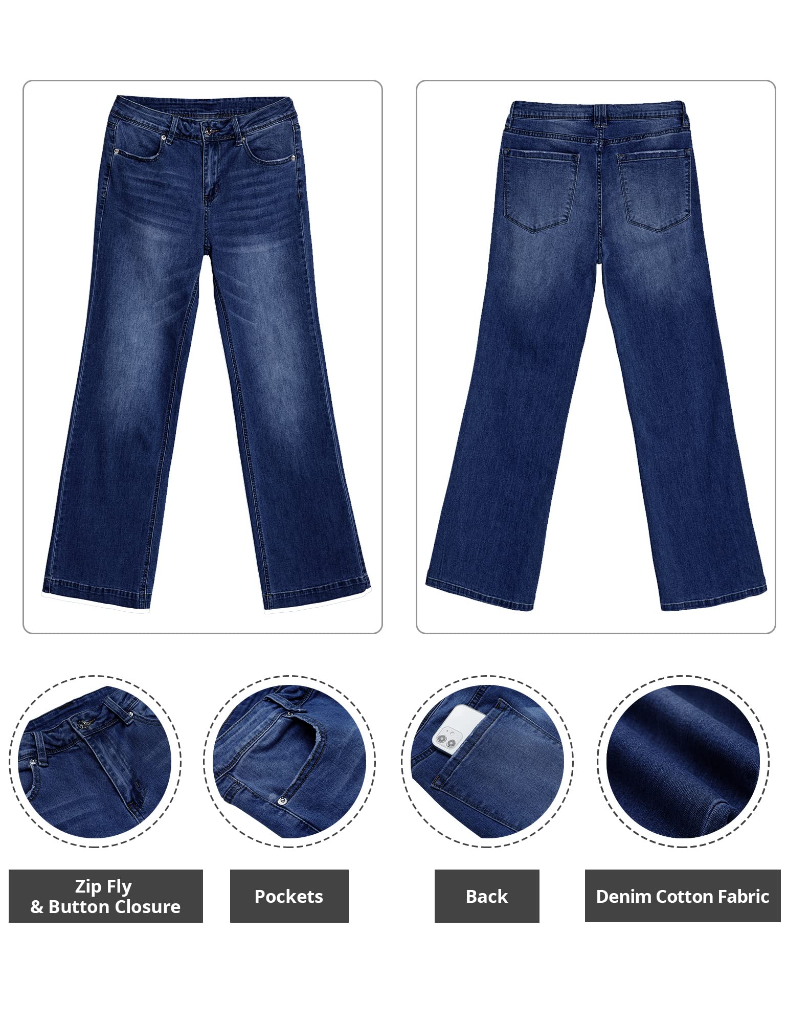 GRAPENT Womens Plus Size Stretch High Waisted Flare Ripped Jeans, 70s Outfits, Jeans Size 12, Wide Leg Pants Color Deep Blue, Size 14.