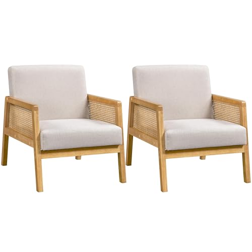 Yaheetech Accent Chair, Modern Armchair with Wood Legs, Mid Century Living Room Chair Linen Comfy Lounge Chair for Bedroom Reading Room, Set of 2, Beige