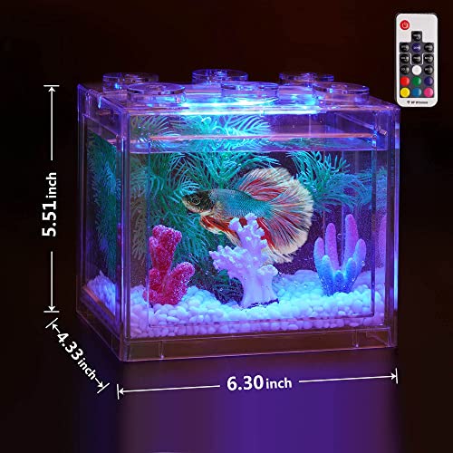 Small Betta Fish Tank, Aquarium Tank Kit with LED Lighting, 3/5 Gallon Stackable Beta Fish Tank Set, Fish Bowl Accessories for Turtle Reptile Shrimp Moss Crab Insects Habitat as Decoration