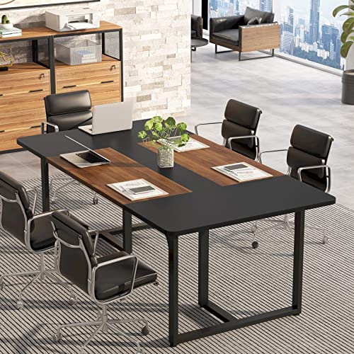 Rectangle Conference Table with Spliced Board, 6FT Long Meeting Seminar Table up for 8 People, Industrial Business Large Office Conference Room Table Boardroom Desk for Home Office, Dining Room