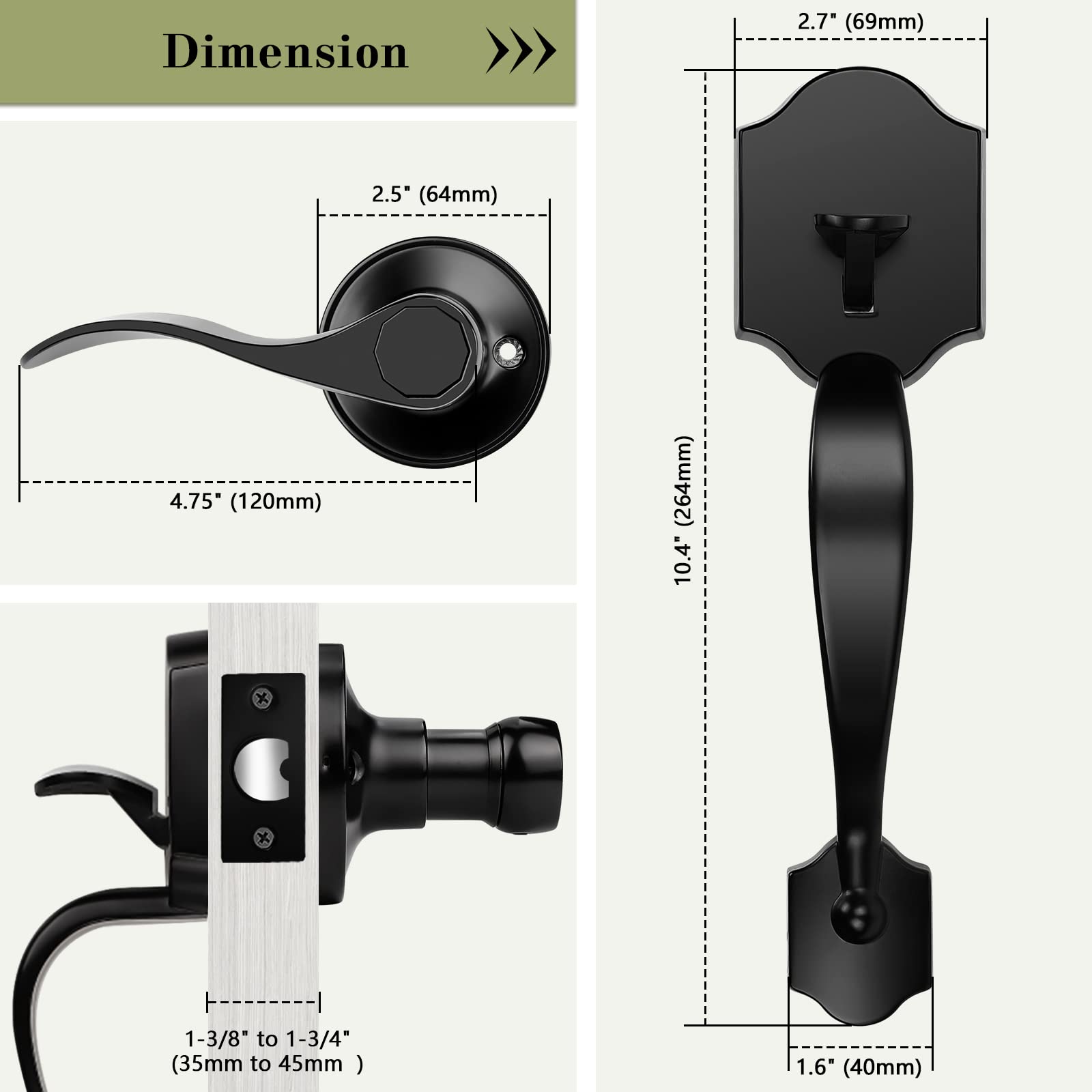 Tinewa Single Cylinder Exterior Handleset, Keyless Front Door Handle with Lever Inside, Low Profile Front Lock Handleset with Halifax Black Finish, Reversible for Right & Left Sided