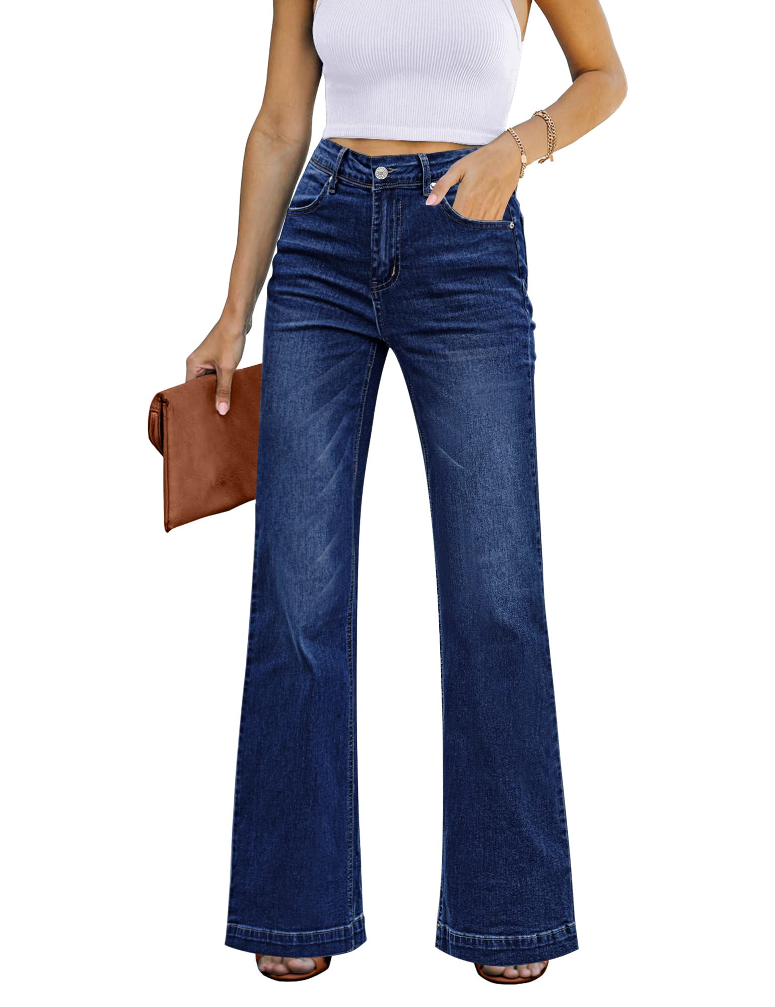 GRAPENT Womens Plus Size Stretch High Waisted Flare Ripped Jeans, 70s Outfits, Jeans Size 12, Wide Leg Pants Color Deep Blue, Size 14.