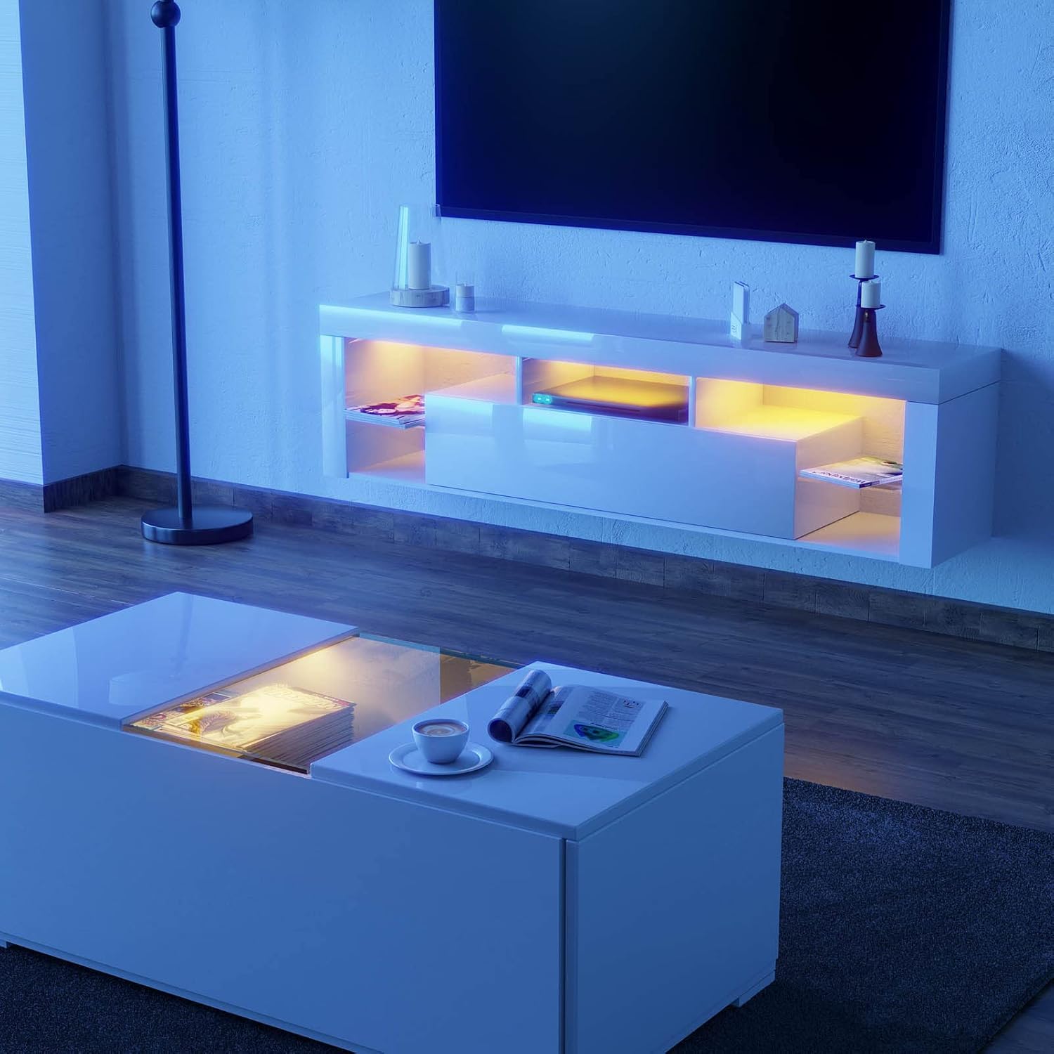 Gitua Floating TV Stand Wall Mounted, High Gloss LED Floating Entertainment Center with Storage&Adjustable Glass Shelf, TV Stand for 65 Inch TV, Gaming Media Center Console Table with Lights, White