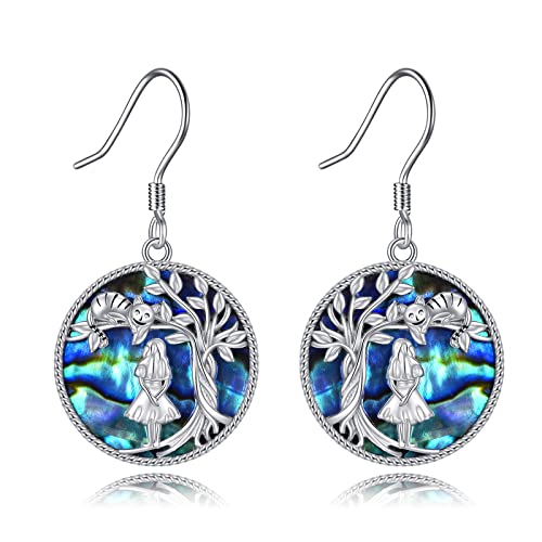 Alice In Pendant Earring Sterling Silver Abalone Shell Tree of Life Wonderland Cat Earring Christmas Gifts for Women Jewelry