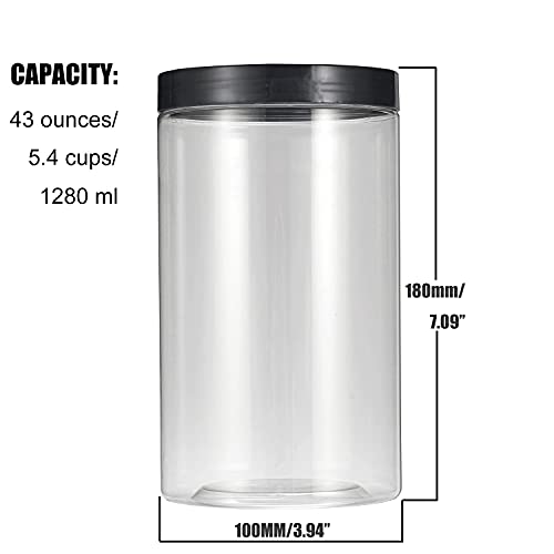 VeleGO 43oz (1280 ml) Clear Plastic Jars with Smooth Black Lids and Labels (6 Pack), Wide Mouth, BPA Free, PET Jars Bulk for Home & Kitchen Pantry Organization and Storage (Black)