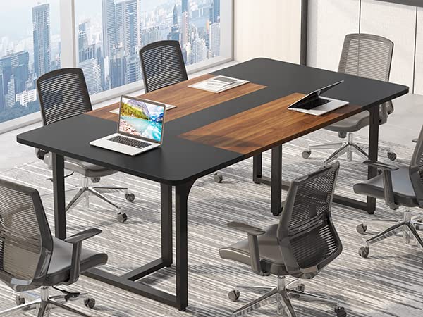 Rectangle Conference Table with Spliced Board, 6FT Long Meeting Seminar Table up for 8 People, Industrial Business Large Office Conference Room Table Boardroom Desk for Home Office, Dining Room