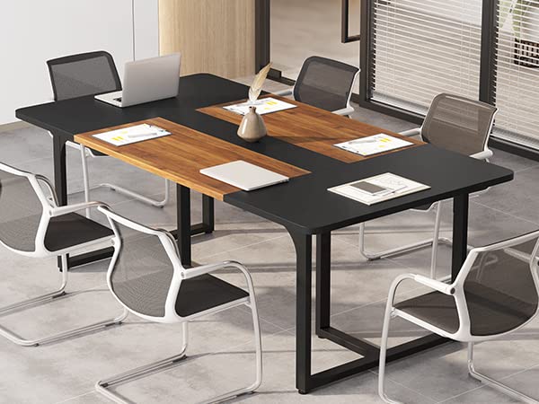 Rectangle Conference Table with Spliced Board, 6FT Long Meeting Seminar Table up for 8 People, Industrial Business Large Office Conference Room Table Boardroom Desk for Home Office, Dining Room