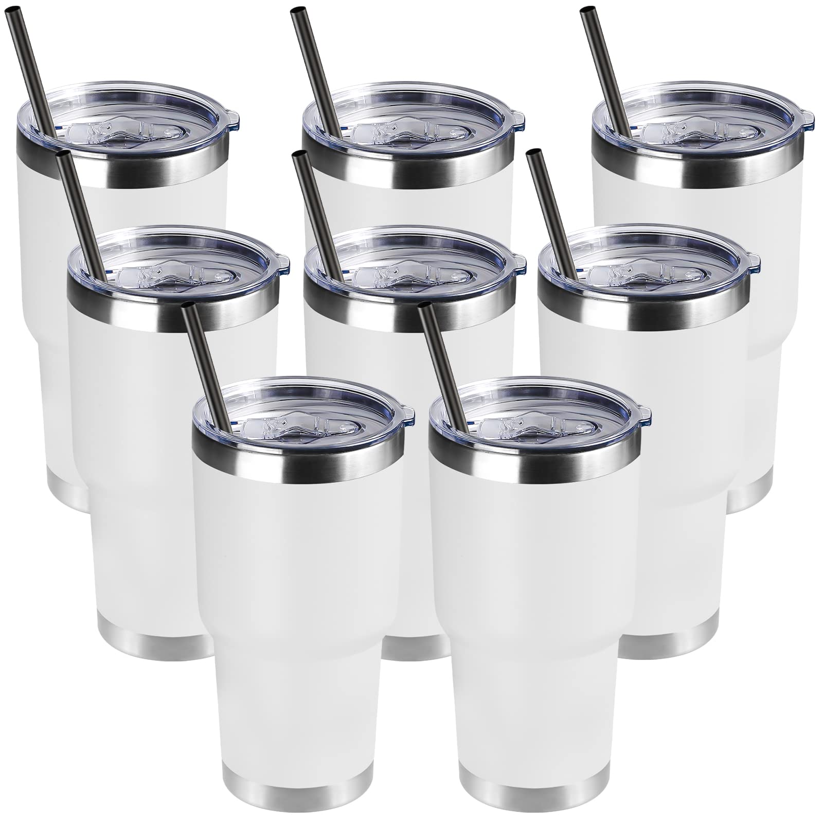 DOMICARE 30 oz Tumbler with Lid and Straw, Stainless Steel Tumblers Bulk, Insulated Vacuum Double Wall Travel Coffee Mug, Durable Powder Coated Tumbler Cups (White, 8)