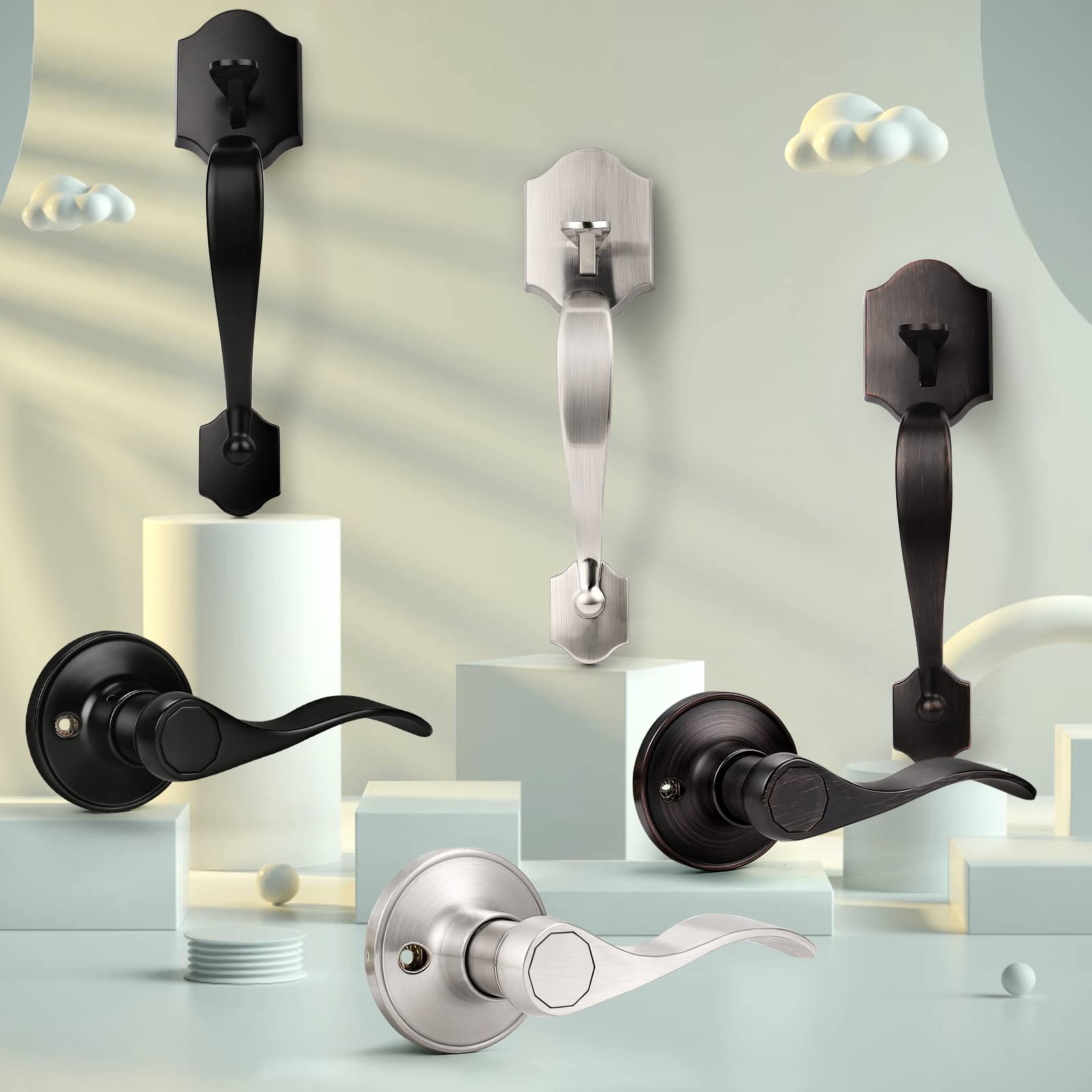 Tinewa Single Cylinder Exterior Handleset, Keyless Front Door Handle with Lever Inside, Low Profile Front Lock Handleset with Halifax Black Finish, Reversible for Right & Left Sided
