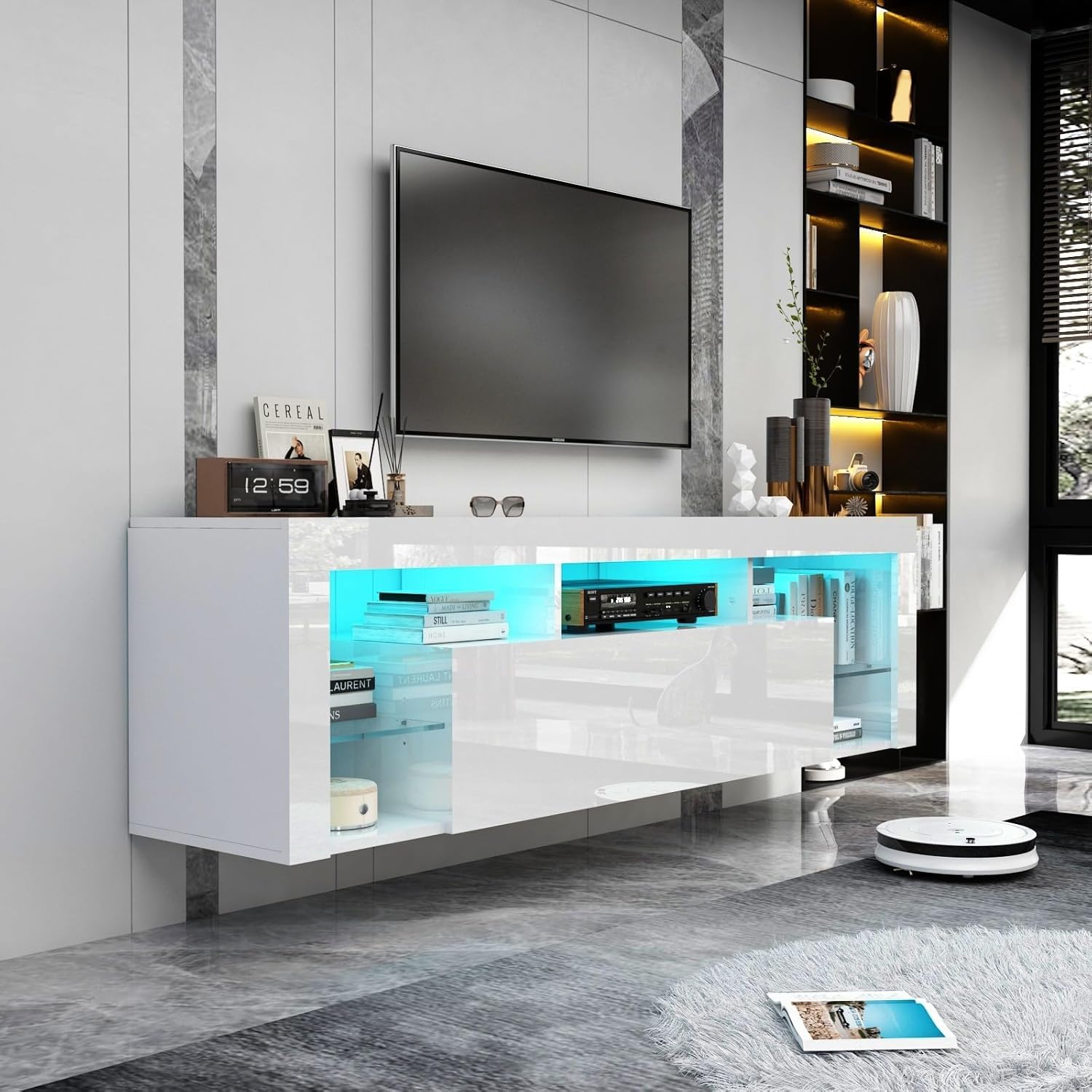 Gitua Floating TV Stand Wall Mounted, High Gloss LED Floating Entertainment Center with Storage&Adjustable Glass Shelf, TV Stand for 65 Inch TV, Gaming Media Center Console Table with Lights, White