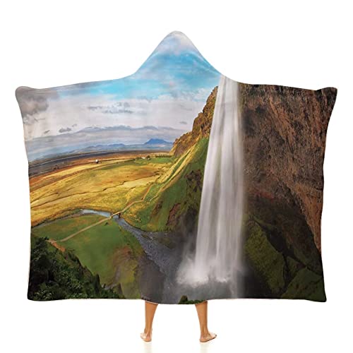 Hooded Blanket Poncho, Waterfall Women Men Hooded Blanket, Iceland Summer Wilderness, Soft Warm Cozy, 40 x 50inches, Studying Reading Snuggling Napping Office, Multicolor