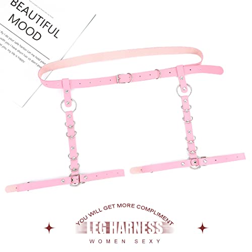 BODIY Punk Waist to Leg Belts PU Leather Loop Rave Belt Goth Thigh Accessory Body Chain for Women and Girls (Pink)