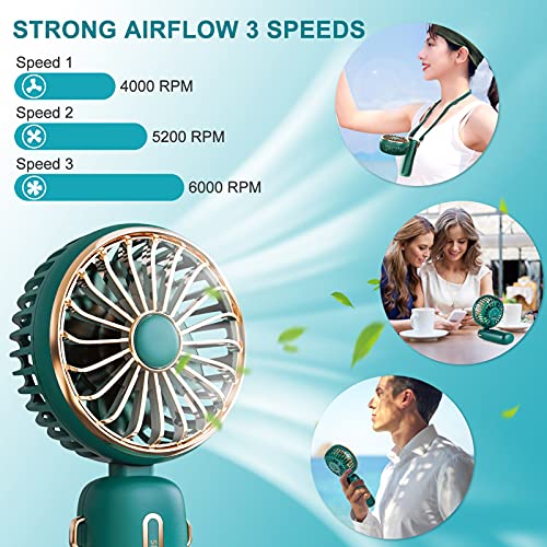 smartelf Handheld Fan, 4800mAh Battery Operated Mini Portable Personal Cooling Fan USB Rechargeable Wearable Hanging Neck Fans for Women Men, Multi-Functional, 6-20 Hours Strong Airflow 3 Speeds-Green