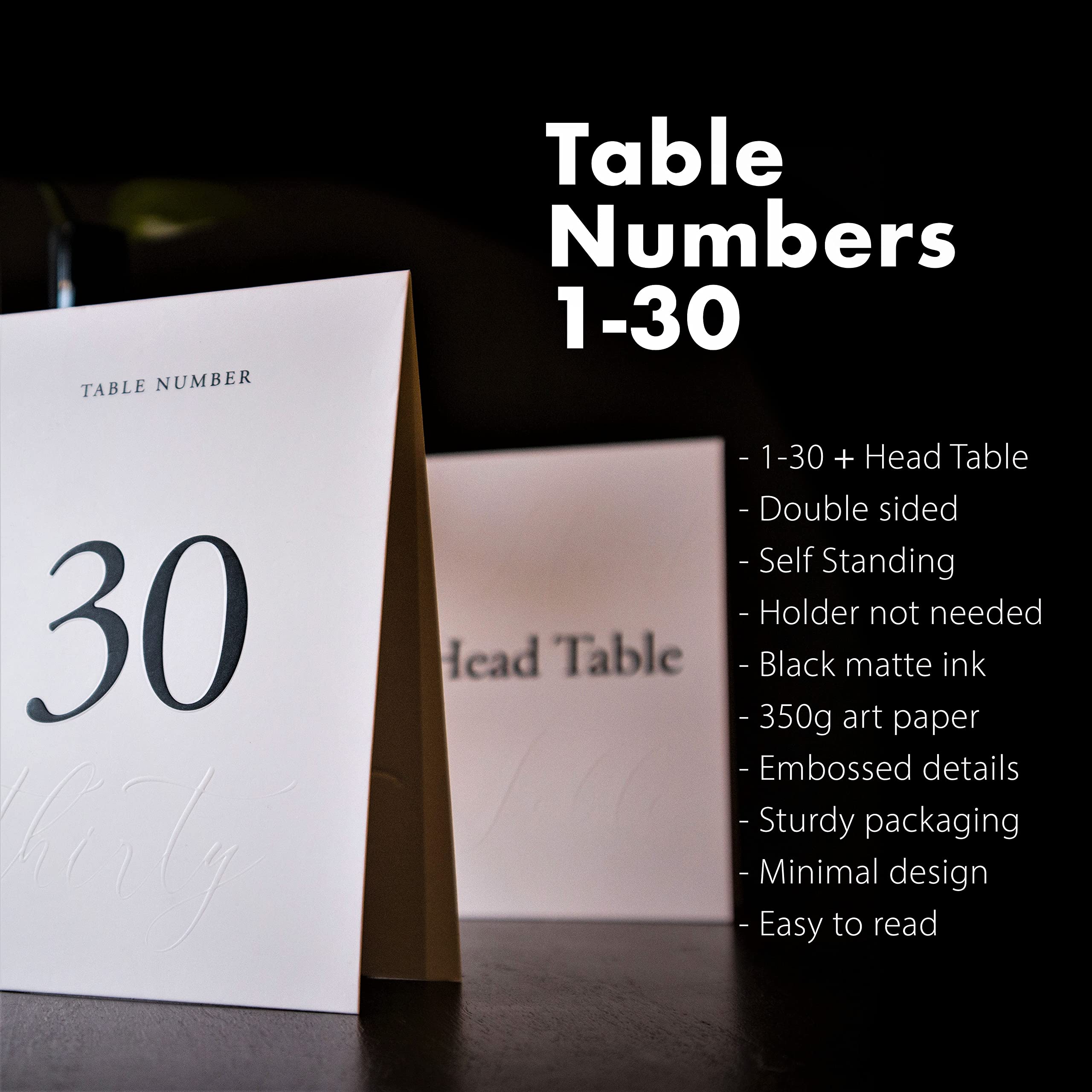 Siko Table Numbers 1-30 - Double Sided Wedding Table Numbers with Head Table Card & Embossed Details - 4x6 inches, Self-Standing Table Cards for Wedding Reception | Perfect for Special Occasion Events