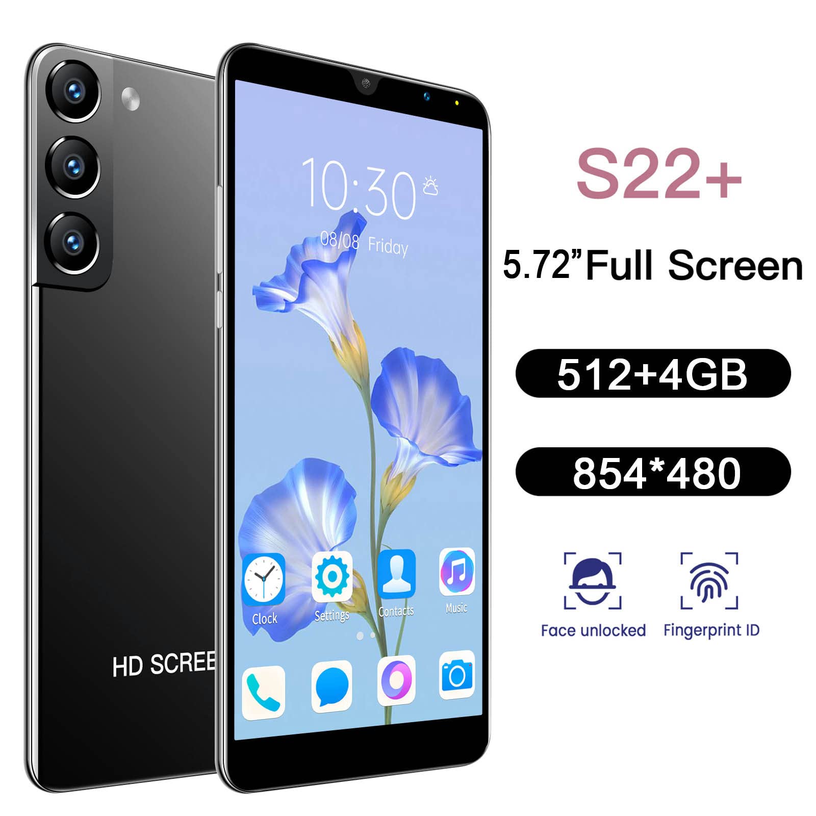 2023 Smartphone, Android Telephone S22+ 3G Smartphone Deca Core 512MB ROM 4GB RAM Mobile Phone US PLug with Earphone, Holiday Gift for Family (BLACK)