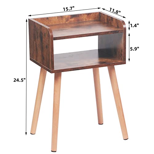 LUCKNOCK Nightstand, Mid-Century Modern Bedside Table with Solid Wood Legs, Adorable and Practical End Side Table with Open Storage Shelf, Fashion Bedroom Furniture Rustic Brown.