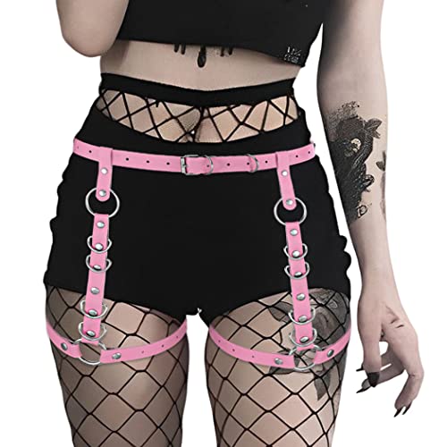 BODIY Punk Waist to Leg Belts PU Leather Loop Rave Belt Goth Thigh Accessory Body Chain for Women and Girls (Pink)