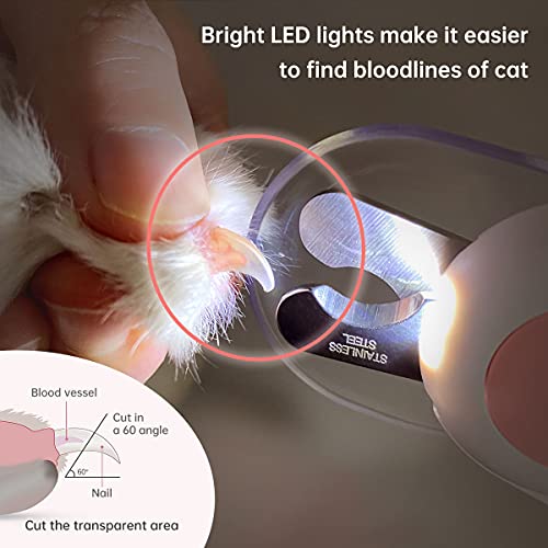 Petgravity Cat Dog Nail Clippers Trimmer with LED Light to Avoid Over-Cutting Hidden Nail File Razor Sharp Blade with 3 Battery Professional Grooming Tools Kit for Pet Claw Care Pink