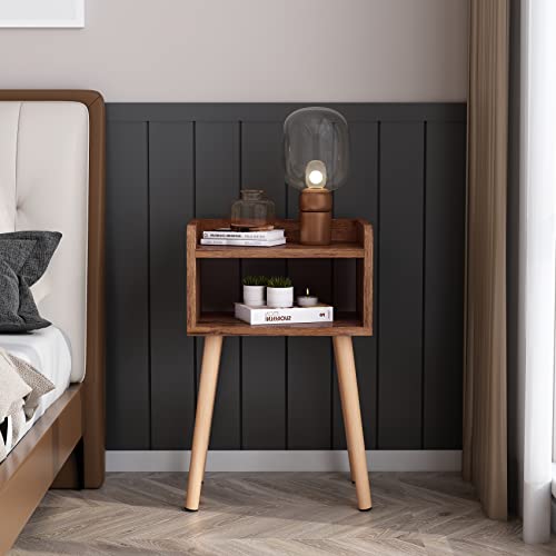LUCKNOCK Nightstand, Mid-Century Modern Bedside Table with Solid Wood Legs, Adorable and Practical End Side Table with Open Storage Shelf, Fashion Bedroom Furniture Rustic Brown.