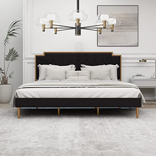 AGARTT Upholstered Platform King Size Bed Frame with Headboard Premium Stable Wood Slat Support No Box Spring Required Black