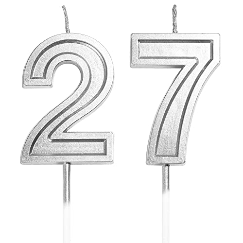 27th Birthday Candles Cake Numeral Candles Happy Birthday Cake Candles Topper Decoration for Birthday Wedding Anniversary Celebration Supplies (Silver)