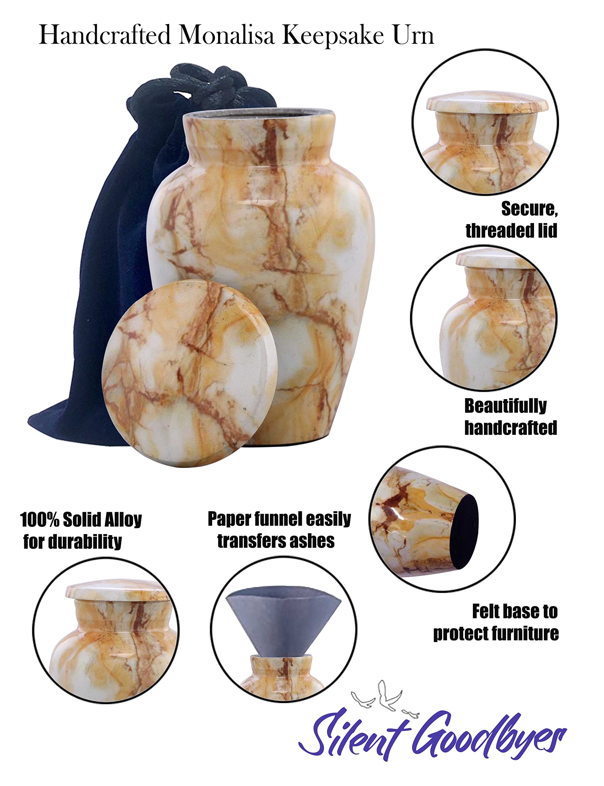 Small Keepsake Cremation Urns for Human Ashes - Marble Finish Metal Keepsake Urn - Mini Cremation Urn for Pet Ashes - Handcrafted Memorial Urn - Funeral Urns with Velvet Bag (Monalisa)