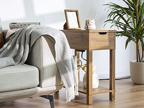 Labcosi 2-Pack Modern Farmhouse Side Table, Narrow End Table with Charging Station, Flip Top End Table with Storage Shelf, Rustic Oak Color