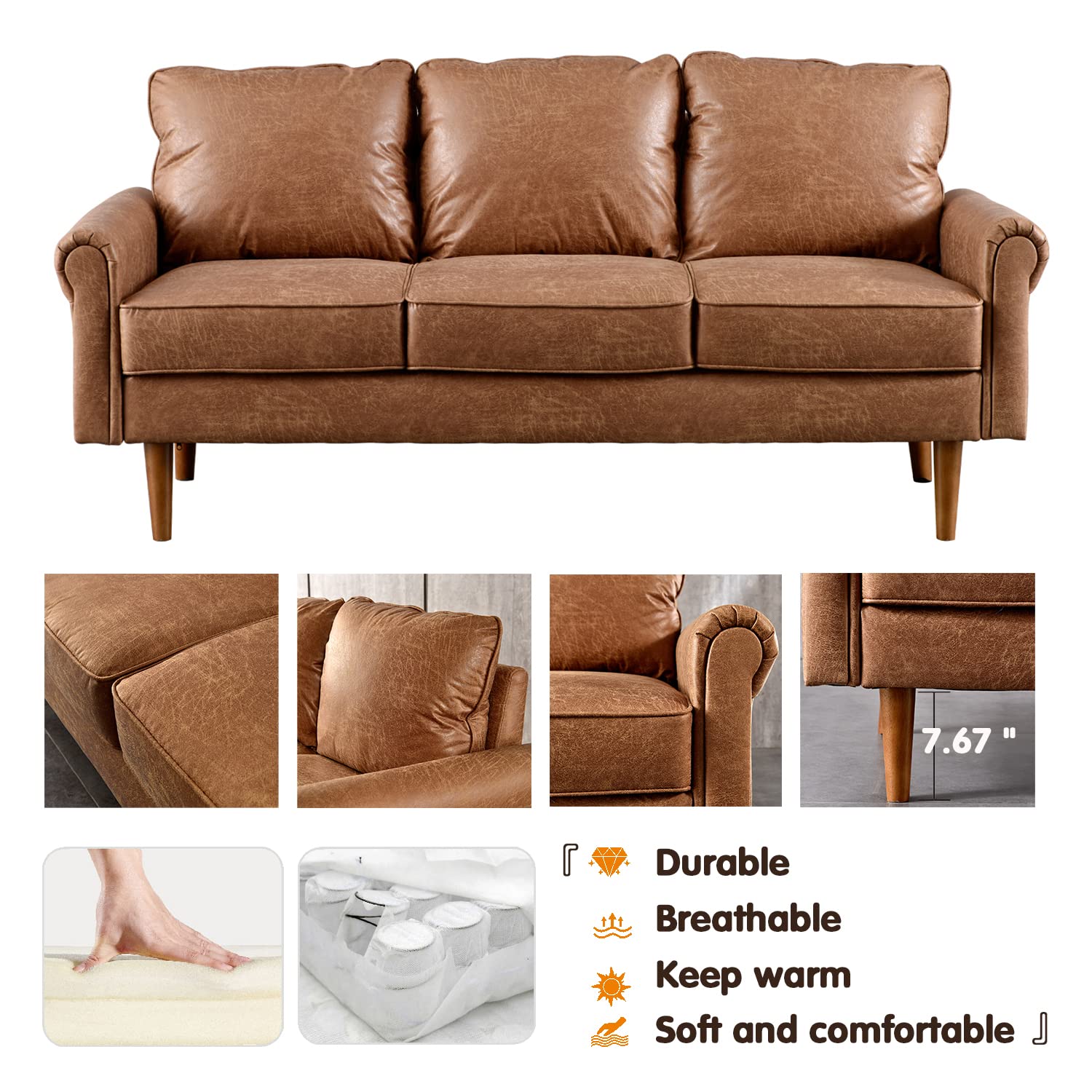 XIZZI Mid-Century Sofa 74" Suede Fabric 3-Seat Couch with Solid Wooden Frame and High Density Sponge Cushion for Living Room,Brown