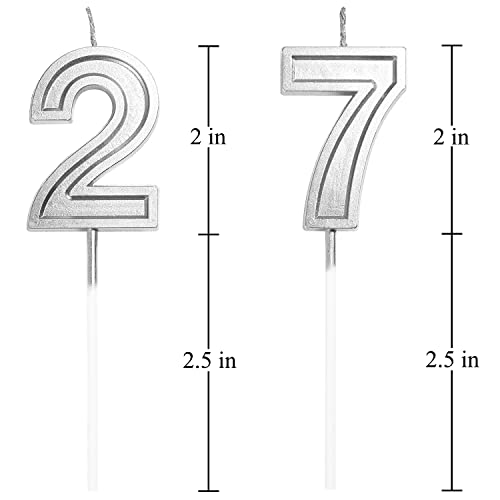 27th Birthday Candles Cake Numeral Candles Happy Birthday Cake Candles Topper Decoration for Birthday Wedding Anniversary Celebration Supplies (Silver)