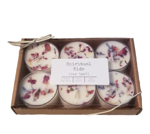 Love Spell Natural Soy Wax Tealights 6ct Hand Poured with Fragrant/Essential Oils & Dried Flowers