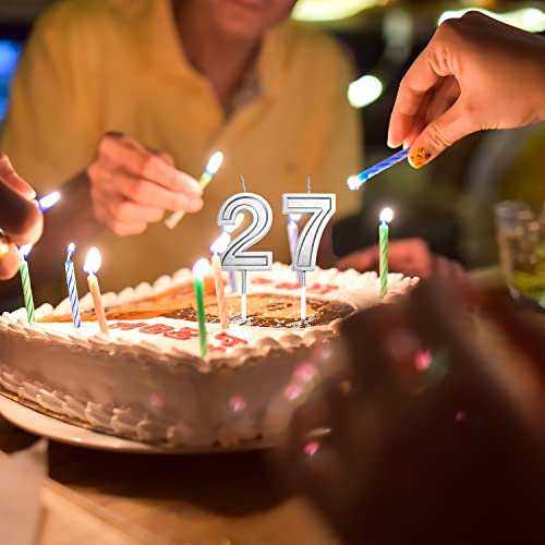 27th Birthday Candles Cake Numeral Candles Happy Birthday Cake Candles Topper Decoration for Birthday Wedding Anniversary Celebration Supplies (Silver)